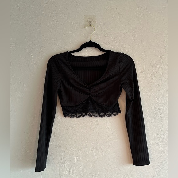 SHEIN | Tops | Shein Black Long Sleeved Lace Crop Top | Poshmark
